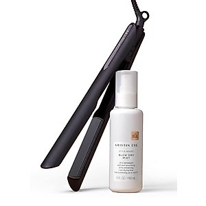 Kristin Ess Hair Nanoblack 3-in-1 Curling Flat Iron Straightener + Style Assist Heat Protectant Spray - 1 1/4 Inch Salon Professional Ceramic Hot Tool - Hair Straightener + Curler 2 in 1 + Beach Waver