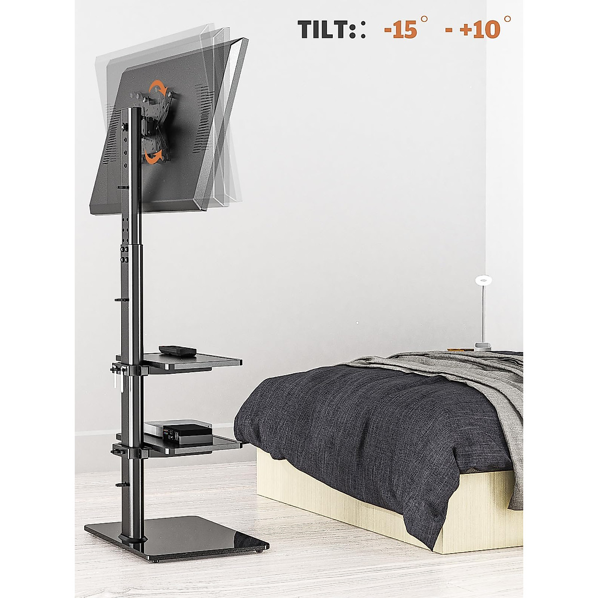 Universal Floor TV Stand with Mount for 19 to 43 inch Flat Screen TV, 100 Degree Swivel,Adjustable Height and Tilt Function, 3 Shelves Space Saving Standing TV Mount for Bedroom Living Room Corner