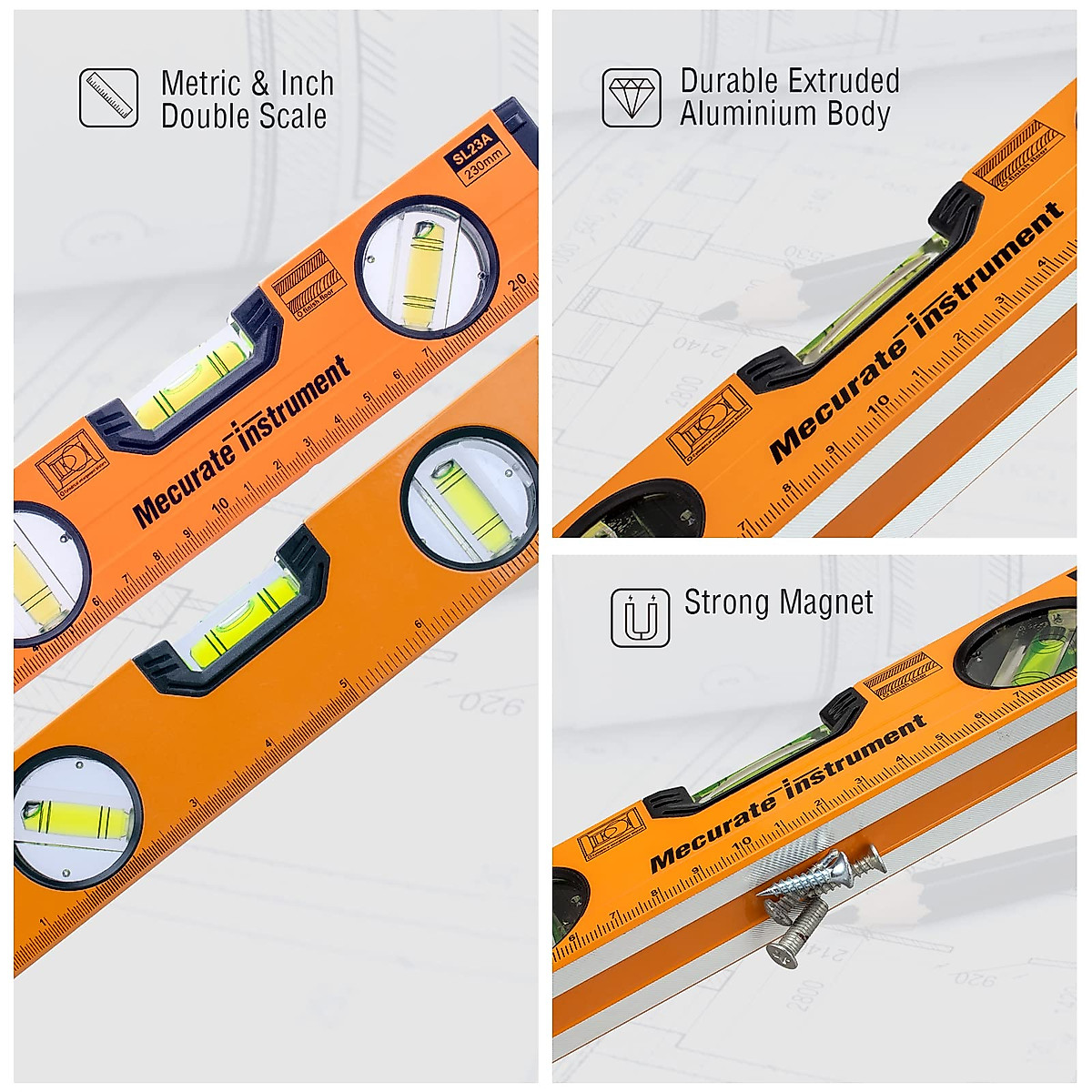 Mecurate Instrument Level Tool, 9 inch, 230mm, Metric&Inch Double Scale Magnetic Torpedo Level and Ruler