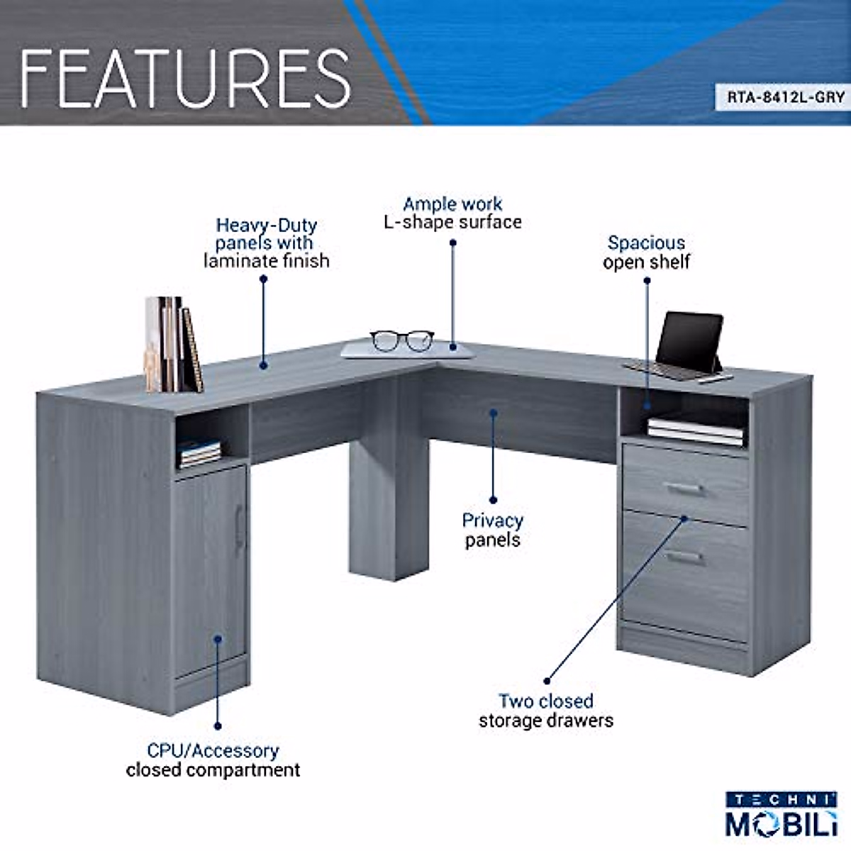 Techni Mobili Functional L-Shaped Computer Desk with storage, L is ⁠59.5" wide x 59.5" Long, Grey