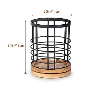 JSVER Utensil Holder Kitchen Utensil Holder, Round Utensil Holder for Kitchen Counter, Cooking Utensil Holder With Wooden Base Matte Black, 360° Rotating Kitchen Utensils Holder