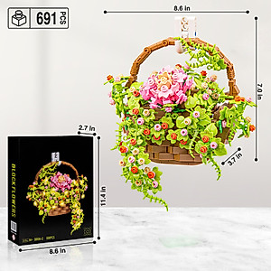 SATHIBI Flower Bouquet Building Set, Flowers Basket Bonsai Plants with LED Light, Botanical Collection Wall Decor, Creative Building Toy Gift for Adults Kids (691 PCS)
