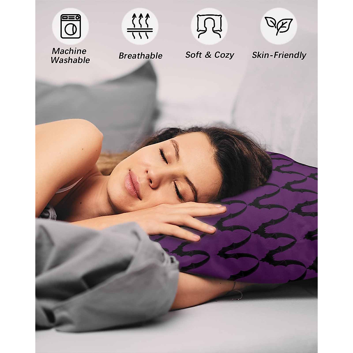 Edwiinsa Halloween Pillow Covers Standard Size Set of 2 Bed Pillow, Horror Black Bat Purple Abstract Art Plush Soft Comfort for Hair/Skin Cooling Pillowcases with Envelop Closure 20''x26''