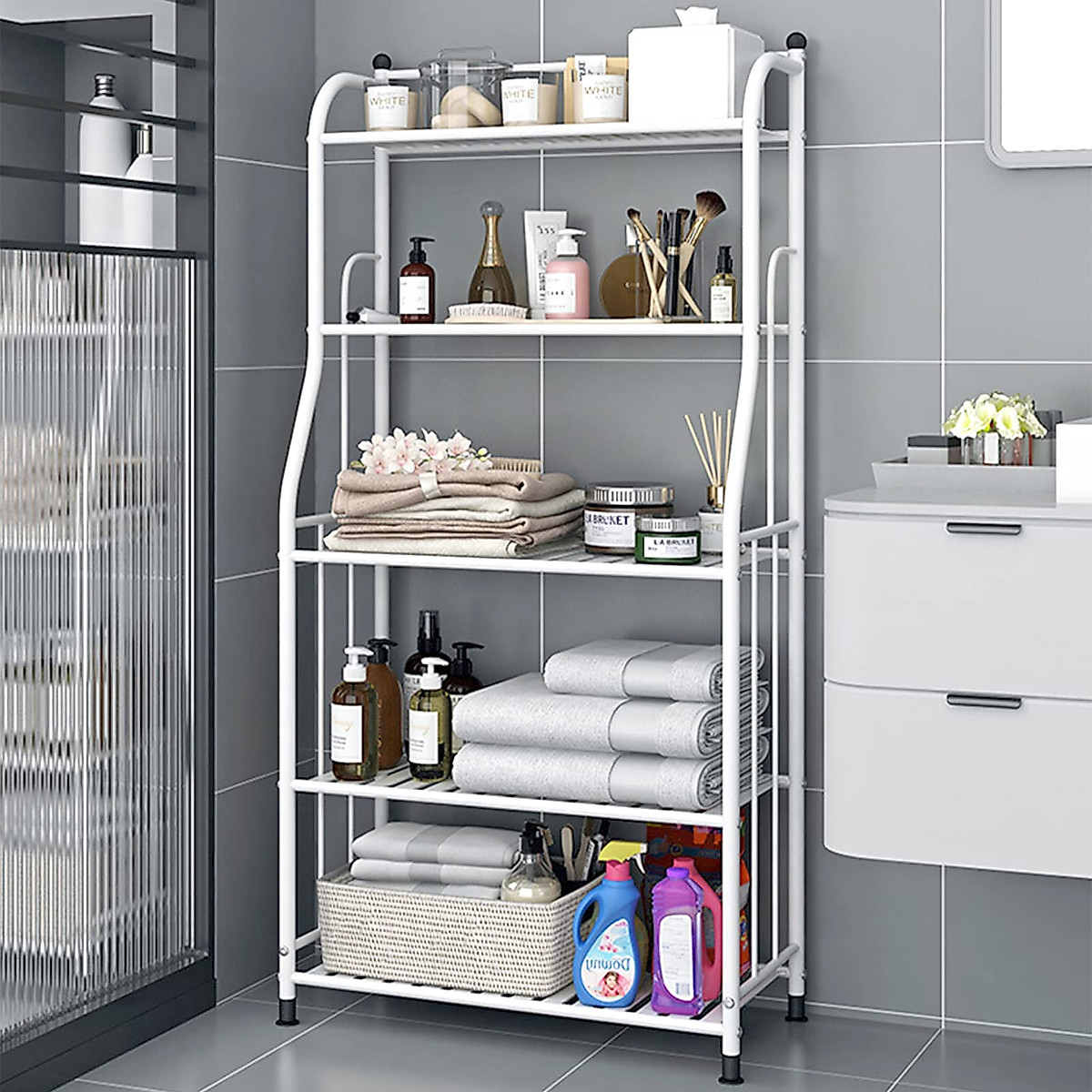 Casulo 5 Tier Metal Standing Shelf Iron Sheet Storage Space Saver, Heavy Duty Storage Tower Rack, Multifunctional Shelving Unit Organizer Outdoor Flower Stand for Kitchen Bathroom Garage Pantry