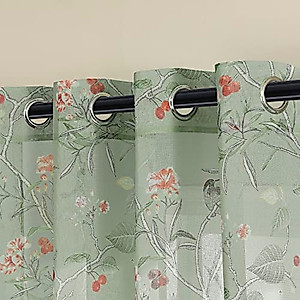 XTMYI Sage Green Curtains 84 Inch Length for Living Room 2 Panels Set Spring Design Printed Pattern Floral Bird Leaf Sheer Window Curtain Panels for Bedroom 84 Inches Long,Light Green