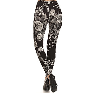 Leggings Depot High Waisted Floral & Space Print Leggings for Women-Full Length-R603, Charcoal Rose, Plus Size