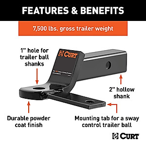 CURT 45820 Anti Sway Trailer Hitch Ball Mount, Fits 2-Inch Receiver, 7,500 lbs, 1-Inch and 5/8-Inch Holes, 2-In Drop