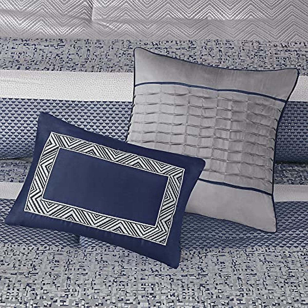 Madison Park Luxury Comforter Set-Traditional Jacquard Design All Season Down Alternative Bedding, Matching Bedskirt, Decorative Pillows, Queen(90"x90"), Rhapsody, Geometric Navy 7 Piece