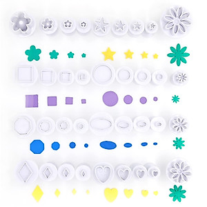 Fondant Cutters，Mini Plunger Cutter Cake Decorating Supplies,36pcs,Heart/Square/Oval/Circular/Polygon/Star/Diamond/Sunflower/Plum Flower,White
