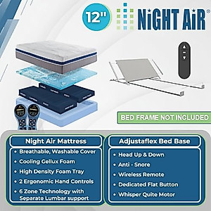 Night Air 12" Queen Size Smart Zone Bed, Includes Head-Up Adjustable Power Base, 6 Adjustable Sleep Comfort Zones, Separate Lumbar Control, Cooling Gel Latex Foam, Mattress Frame NOT Included