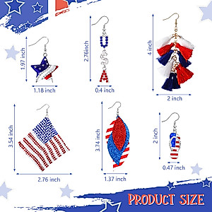 6 Pairs American Flag Earrings Independence Day Earrings Patriotic Earrings Set Red White Blue American USA Flag Earrings 4 of July Teardrop Tassel Rhinestone Drop Earrings Gift for Women