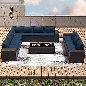 RTDTD Outdoor Patio Furniture Set, 12 Pieces Outdoor Furniture All Weather Patio Sectional Sofa PE Wicker Modular Conversation Sets with Coffee Table,10 Chairs & Seat Clips Dark Blue