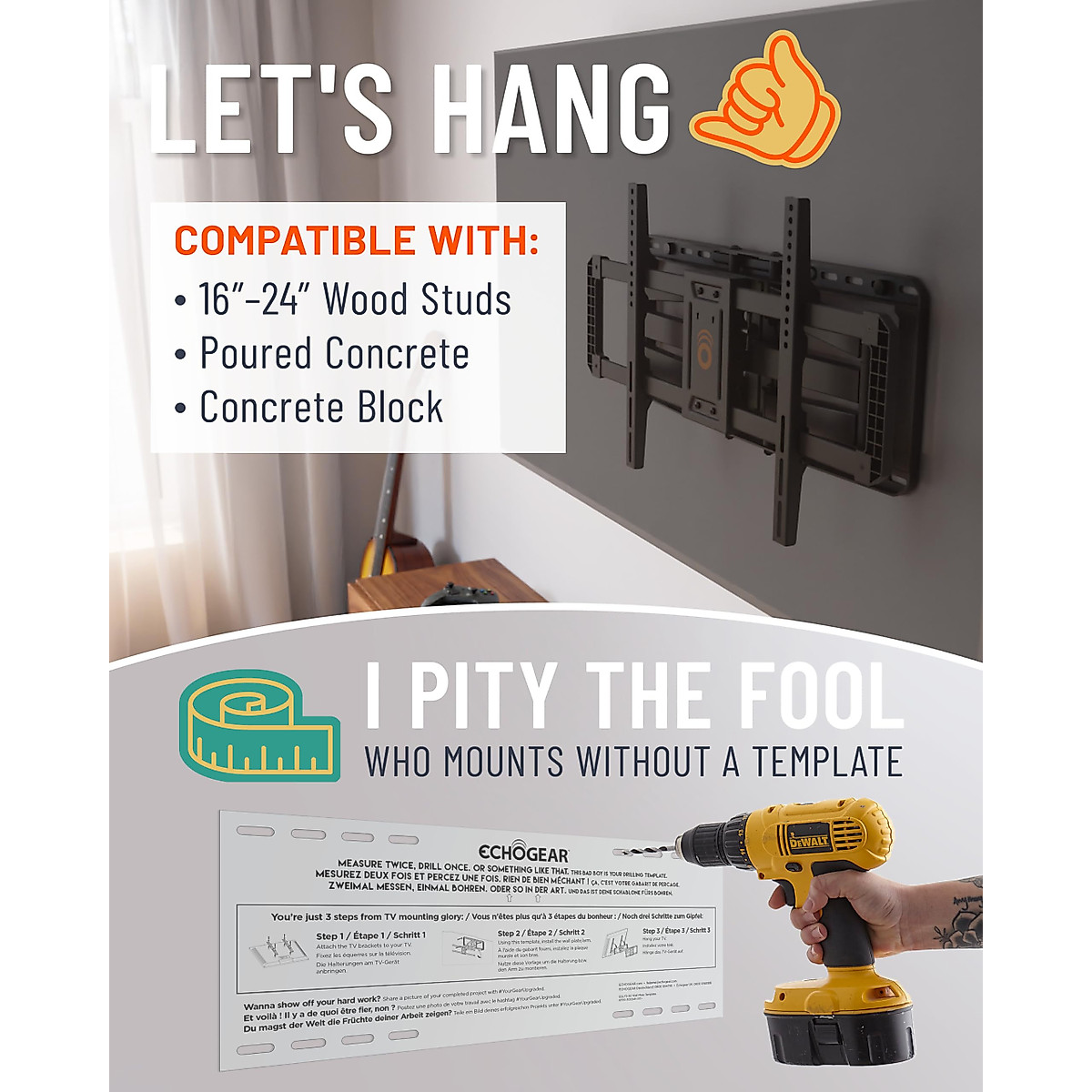 ECHOGEAR TV Wall Mount for Large TVs Up to 90" - Full Motion with Smooth Swivel, Tilt, & Extension - Universal Design Works with Samsung, Vizio, LG & More - Includes Hardware & Wall Drilling Template