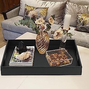 HofferRuffer Rectangle Serving Tray with Hole Handles for Coffee Table, Breakfast, Tea, Food, Butler - Countertop, Kitchen, Vanity Serve Tray, 16.2 x 12.2 x 2 inches, Faux Leather Tray (Black)
