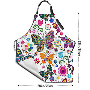 Kawani Colorful Butterflies and Flowers Apron Cute Art Adjustable Apron With 2 Pockets Abstract Aprons For Women Men Suitable For Kitchen Cooking Painting Grilling 28x33 Inch