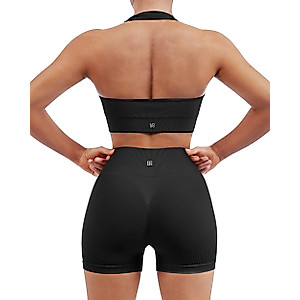 SUUKSESS Women Two Piece Seamless Ribbed Workout Sets Outfits Backless Halter Sports Bra Booty Biker Shorts (Black, M)