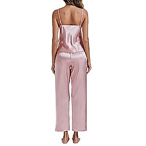 LYANER Women's Satin Silk Pajamas Set V Neck lace Trim Cami Top and Pants Sleepwear Pjs Set Pink Medium