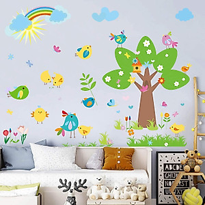 RW-1066 Cute Birds Animals Wall Decals Big Tree Wall Stickers Flowers Birds Animals Decals DIY Removable Birds Butterfly Wall Art Decor for Kids Baby Bedroom Living Room Nursery Classroom Decoration