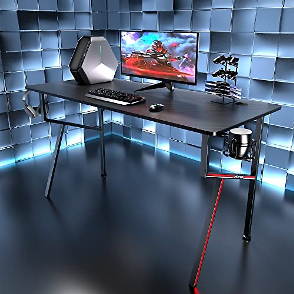 It's_Organized Gaming Desk 55 inch PC Computer Desk, K-Frame Home Office Desk Professional Gamer Workstation with Cup Holder Headphone Hook Gaming Handle Rack Free Mousepad, Black