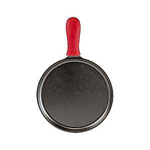 Lodge Cast Iron Round Griddle with Red Silicone Hot Handle Holder, 10.5-inch