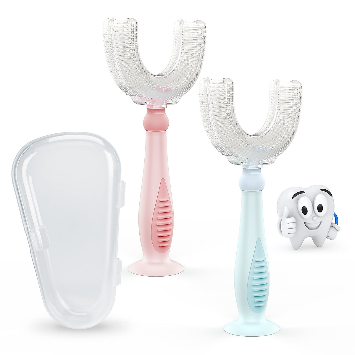 2 Packs Kids U Shaped Toothbrush, Toddler Toothbrush with Silicone Brush Head, Whole Mouth Toothbrush with Handle for Kids 2-6 Years (Pink +Blue), Blue,pink, U2-6