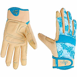 DIGZ 7606-23 High Performance Women's Gardening Gloves, Work Gloves with Touchscreen Compatible Fingertips, Blue Leaves Pattern, Medium, Orange