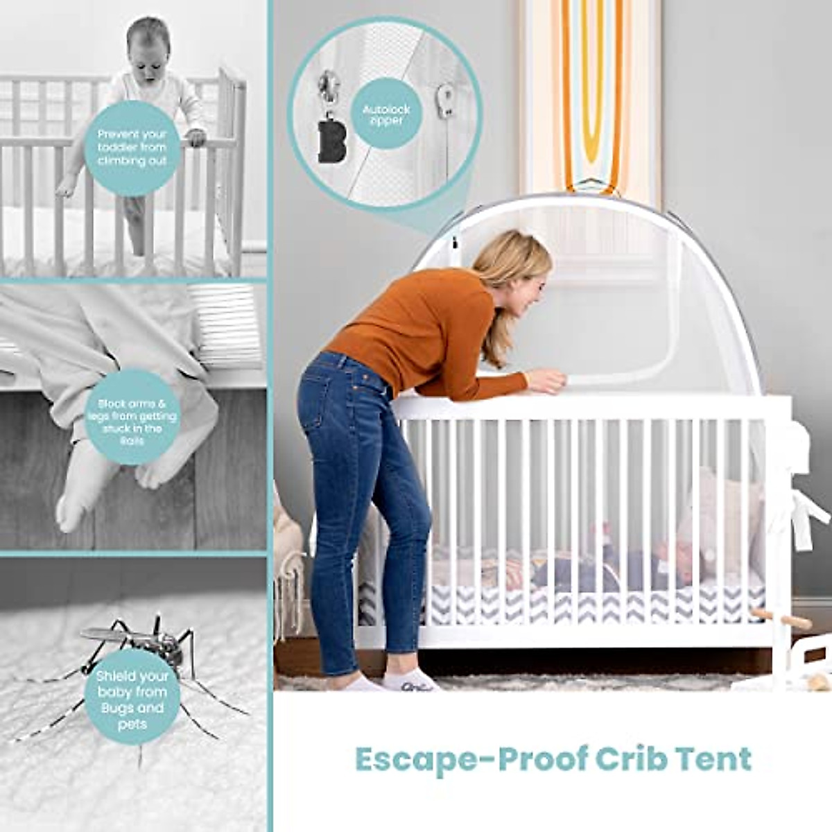 Pro Baby Safety Pop Up Crib Tent, Fine Mesh Crib Netting Cover to Keep Baby from Climbing Out, Prevent Falls and Mosquito Bites, Safety Net Canopy - Sturdy & Stylish Infant Crib Topper