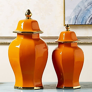 Handmade Orange Hexagon Ginger Jar Vase Ornament, Home & Living Room Decorative Jar, Gold-Plated Ceramic Temple Jar (Size : Small)