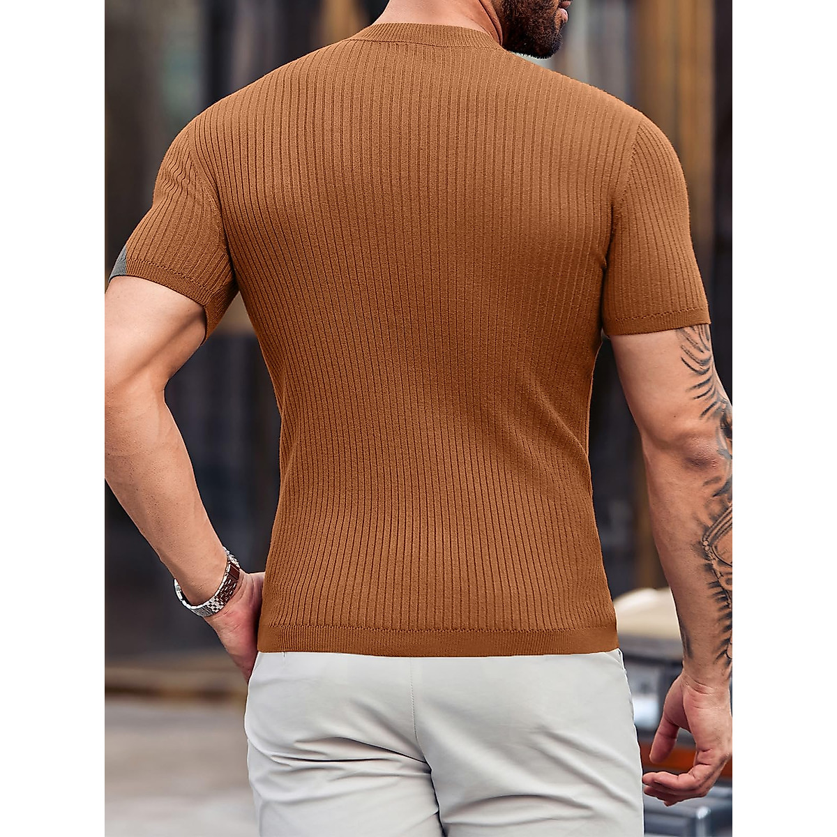 Mens Casual Slim Fit Basic Tops Short Sleeve Shirt Turtleneck T Shirts Rib Knitted Stretch Pullover Sweater