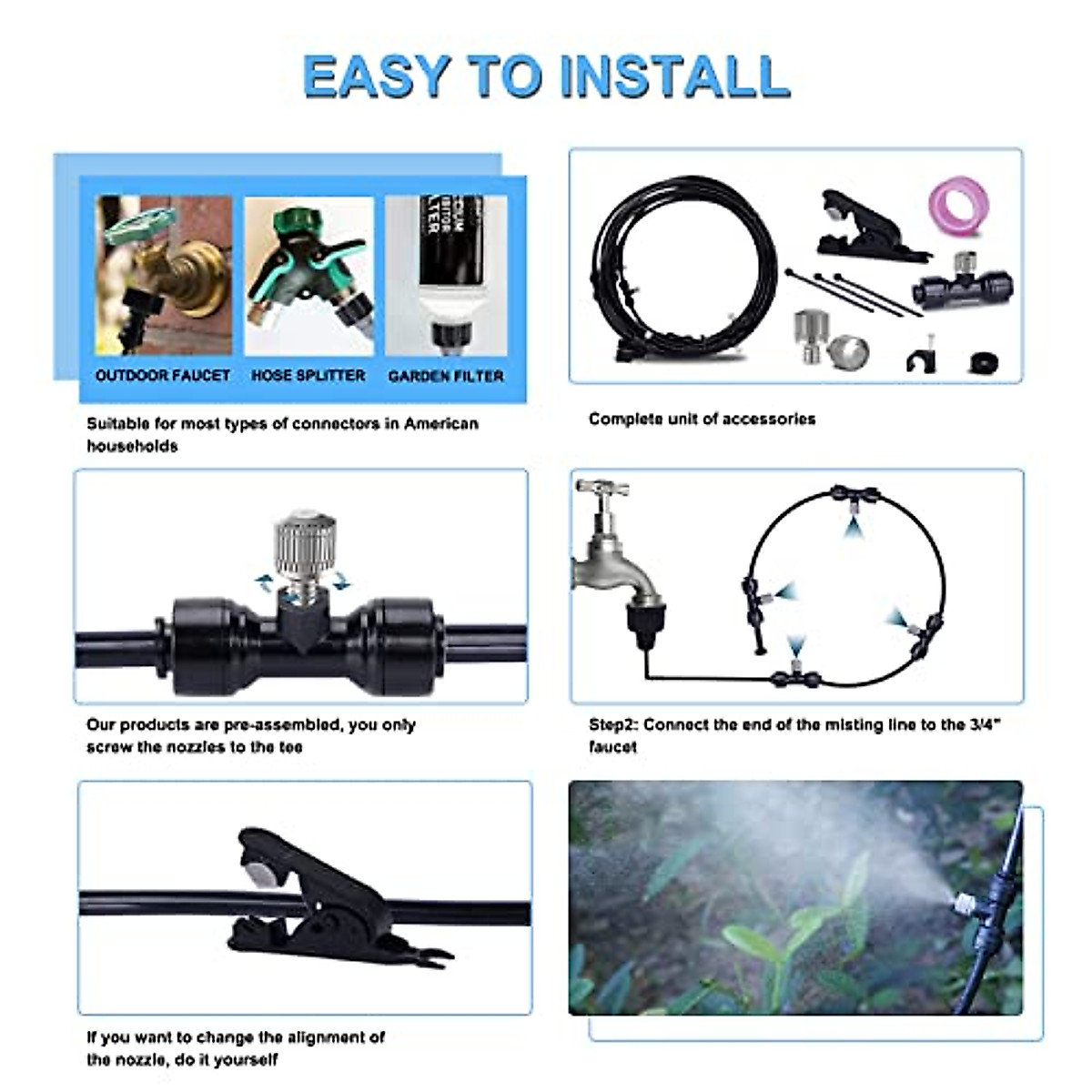 Fogalnd Patio Misting System : Outdoor Misting System 49ft Misting Cooling System with 16pcs 0.024" Orifice Thread Stainless Steel Misting Nozzle for Garden Greenhouse Gazebo