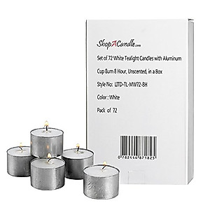 White Tea Light Candles in Metal Cups - Pack of 72 Unscented Tealights – 8 Hour Burn Time – Smokeless, Dripless, Long Lasting Bulk Set.
