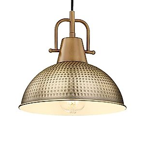 Emliviar 1-Light Farmhouse Modern Pendant Light, 10.2 Inch Hanging Lamp for Dining Room, Hammered Metal Dome Shade in Brass Finish, GE269MIL BG+WD