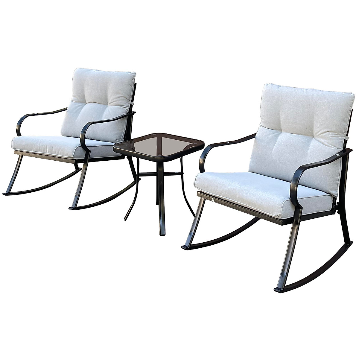 CHARMMA 2pcs Patio Rocking Chairs with Steel Frame and Soft Cushions,Rocker Set Chair and Teapoy,Outdoor Rocking Chair with Armrest for Lawn,Backyard,Porch Garden Bistro Set Off White