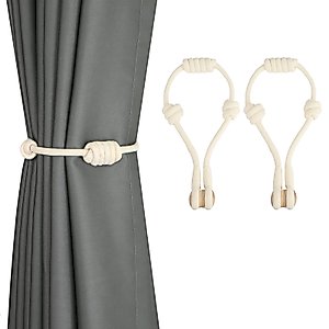 HedongHexi 2 Pack Magnetic Curtain Tiebacks, Curtain Ties Magnetic No Drill, Handmade Curtain Tie Backs Decorative Holdbacks (White, 2P)