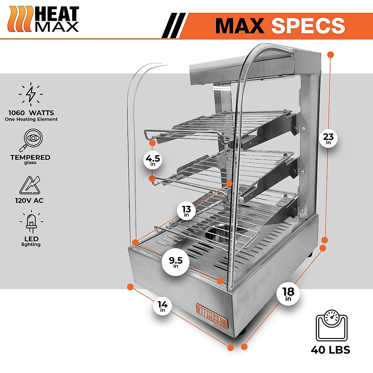 HeatMax 141823 Small Commercial Stainless and Curved Glass 14 Inch Wide Food Warmer Display Case for Pizza, Chicken, Burgers, Patties, Empanadas or Any Hot Food, Saves Counter Space, Great Visibility