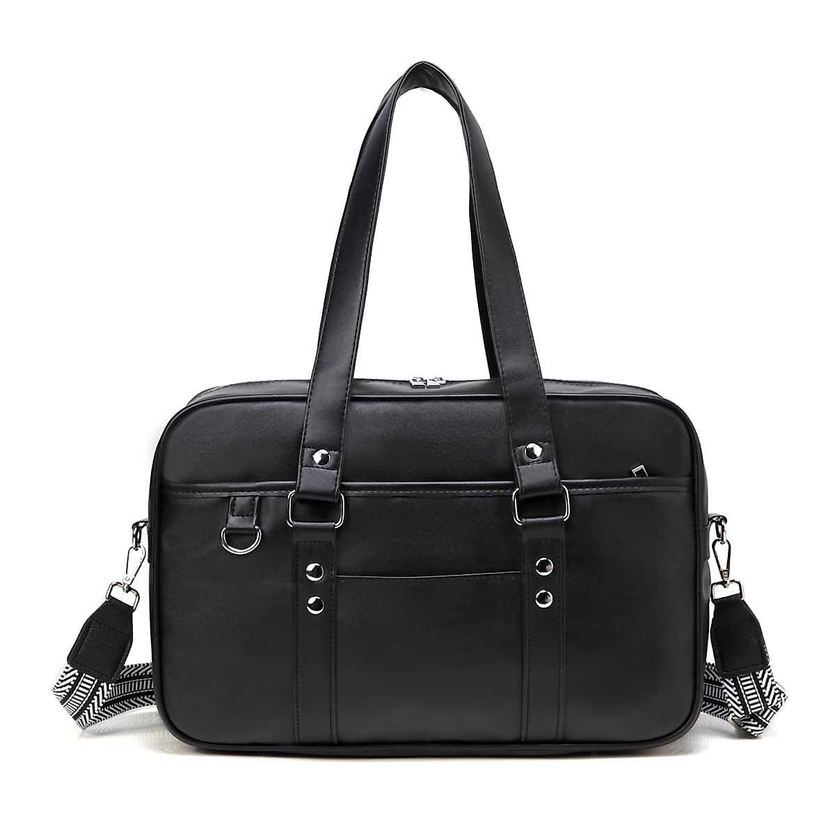 Chillpaper Large Japanese Shoulder Bag,Faux Leather Tote Messenger Crossbody Bookbag with Pink Pompom Stripe Strap (A3 Big Size, Black)