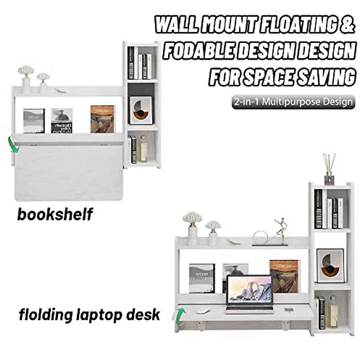 Pmnianhua Floating Desk,Wall Mounted Fold Down Wooden Laptop Computer Desk with Storage Shelves Folding Table Desk Workstation for Wall Bedroom Small Space (Gray-White (Right))