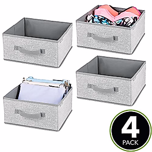 mDesign Soft Fabric Closet Organizer Box with Front Pull Handle for Shelves in Bedroom, Bathroom, Home Office - Holds Clothing, Linens, Accessories - Lido Collection - 4 Pack - Gray