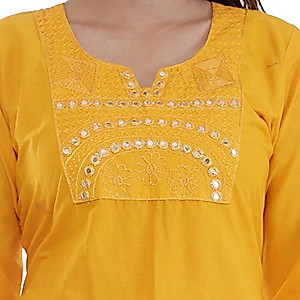 Ramkudi Indian Women's Plain Embroiderd Cotton Straight Kurti Top (Yellow)