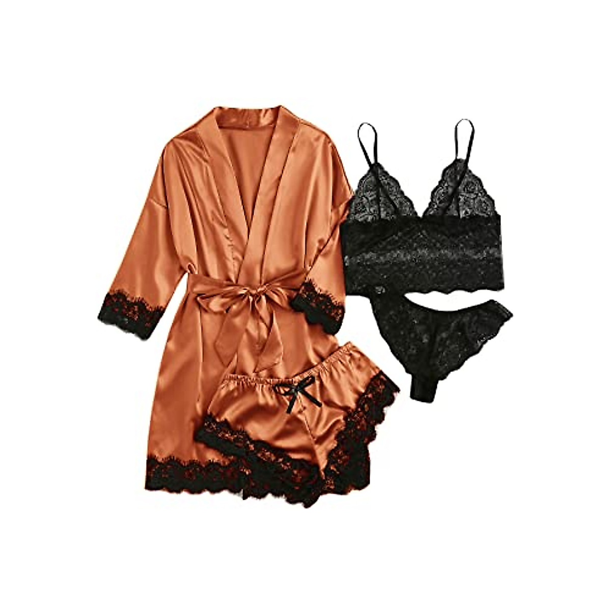 WDIRARA Women' Silk Satin Pajamas Set 4pcs Lingerie Floral Lace Cami Sleepwear with Robe Pure Orange M