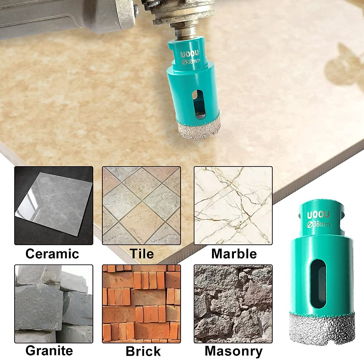 UOOU Diamond Core Drill Bits 1-1/2 Inch(38mm) for Porcelain Ceramic Tile Marble Brick Vacuum Brazed Hole Saw.
