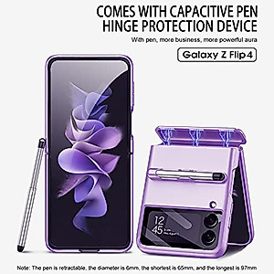 COCOING Case For for Samsung Galaxy Z Flip 4 2022 with Stylus Fashion Business Phone case,with Hinge Protection Device and Camera Screen Protector (Purple)
