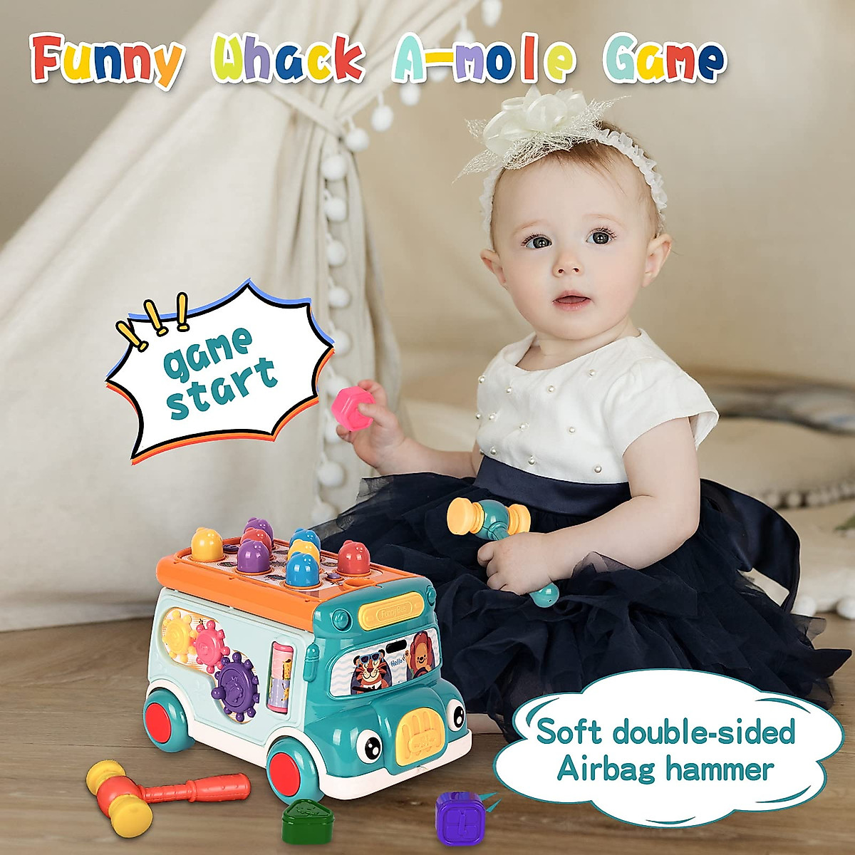 Syahro Baby Crawling Toys with Music and Light Infant Musical Bus Toys with Clock Toy, Shape Matching, Gear, Whack A Mole Game Tummy Time Toys Gifts for Toddler (Pink)