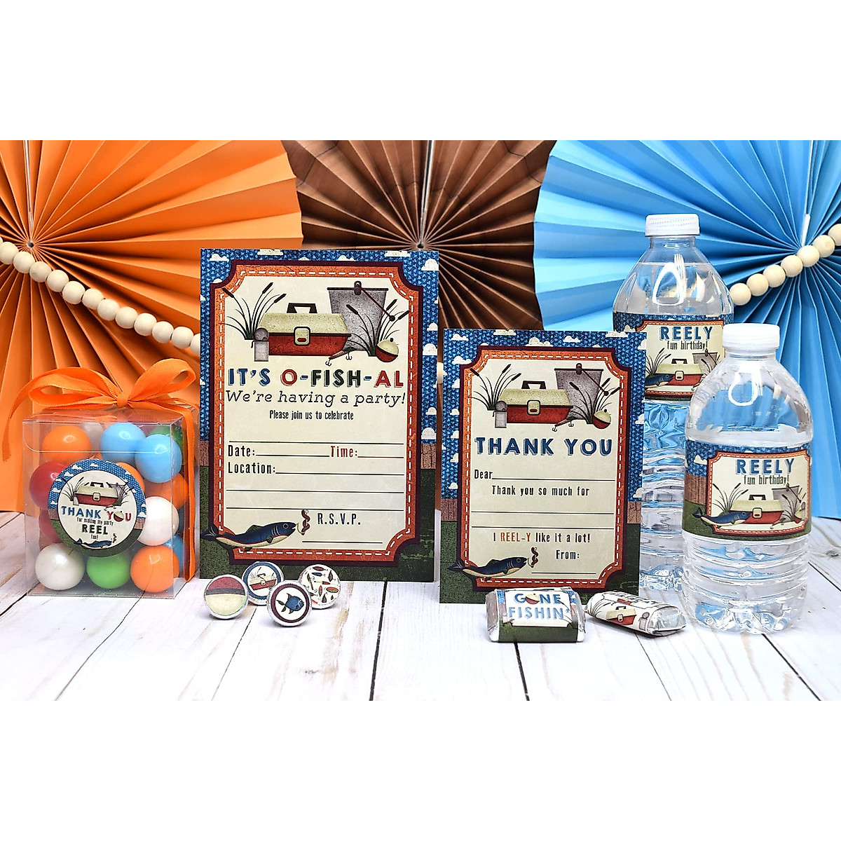 Amanda Creation Deluxe Gone Fishing REELY Fun Birthday Party Bundle Includes 20 Invitations & Thank You Cards with Envelopes + 3 Different Sizes of Stickers & Water Bottle Labels!