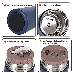 Food Thermos, 27oz Wide Mouth Soup Thermos for Hot Food with Folding Spoon, Insulated Food Jar, Leak Proof Stainless Steel Vacuum Lunch Container Flask Bento Box for Kids Adult (Blue)