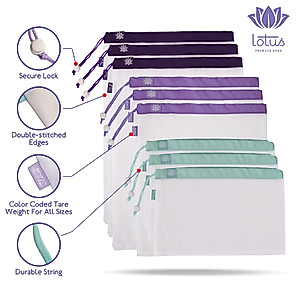 Lotus Produce Bags | 9 Count | 3 Sizes & 3 Colors | Machine Washable, Reusable, Multipurpose, Lightweight Mesh Grocery Bags | Fruits, Vegetables, Nuts, Grains | Eco-friendly Netted Reusable Mesh Bag