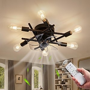 ASGYISA Modern Black Matte Ceiling Fan with Light Industrial 6 Lights Low Profile Flush Mount Fandelier with Remote Control for Farmhouse Kitchen Dining Room Bedroom