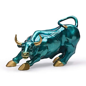 BRASSTAR Colorful Copper Fengshui Statue Wall Street Bull Wealth Fortune Luck Gather Business Gift Office Home Decor PTZD066(Blue)