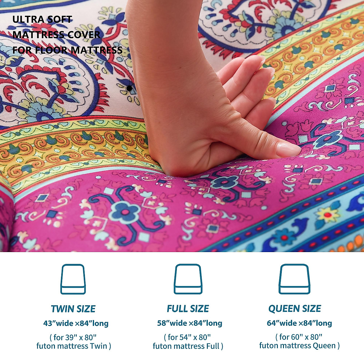 MAXYOYO Mattress Cover for Traditional Japanese Futon Mattress, Futon Floor Mattress Cover with Zipper, Super Soft and Machine Washable, Boho Style, Full