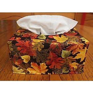 Tissue Box Cover, Rectangle, Falling Leaves On Black Fabric Tissue Box Cover, Handmade